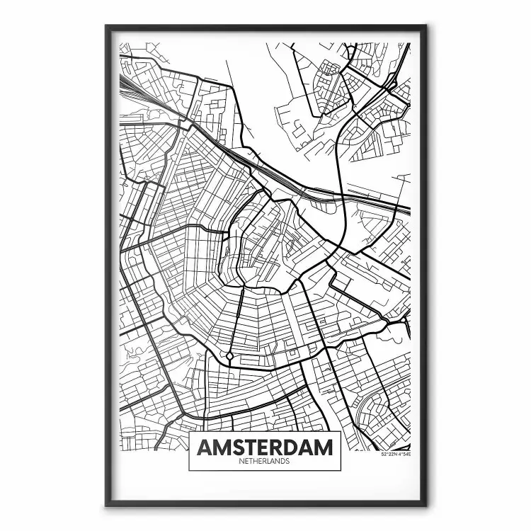 Poster in frames Map of Amsterdam - black and white city map with ...