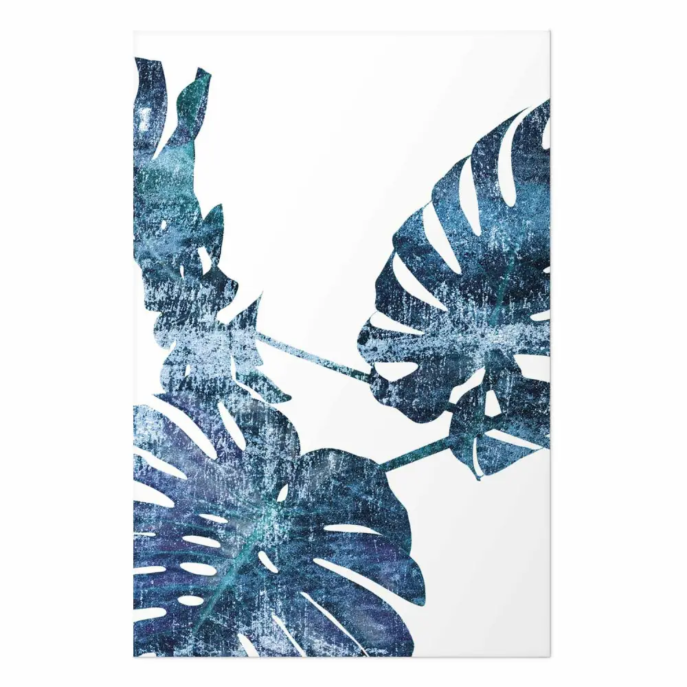 Poster Emerald Monstera - abstract blue leaves on a white background ...