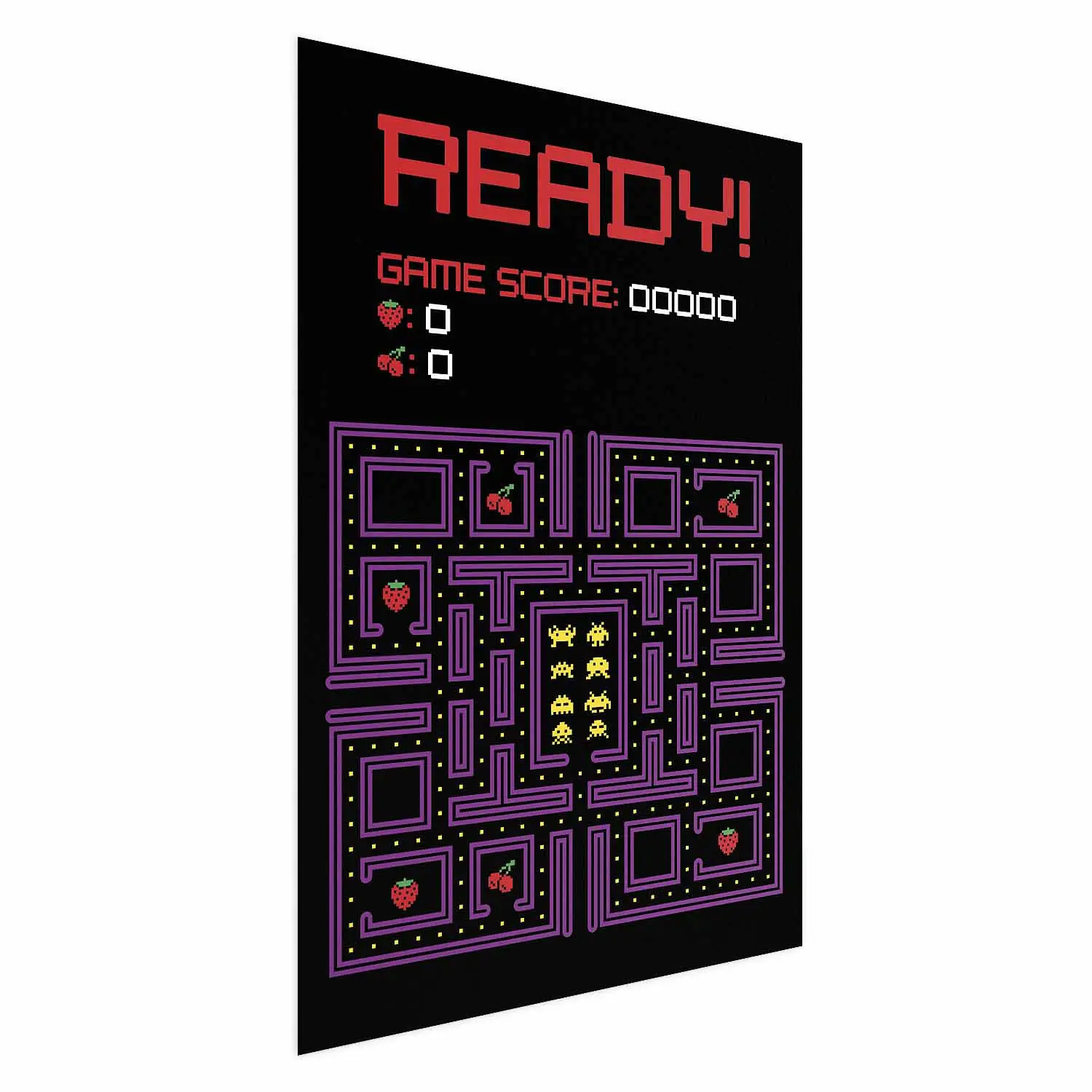 Poster in frames Ready! - English captions and fruit icons on Pacman ...