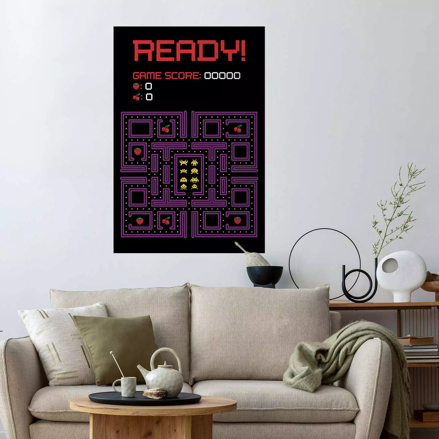 Poster in frames Ready! - English captions and fruit icons on Pacman ...