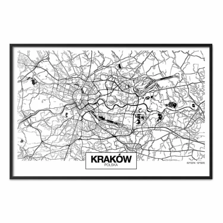 Poster in frames City Map: Kraków - black and white map of Kraków with ...