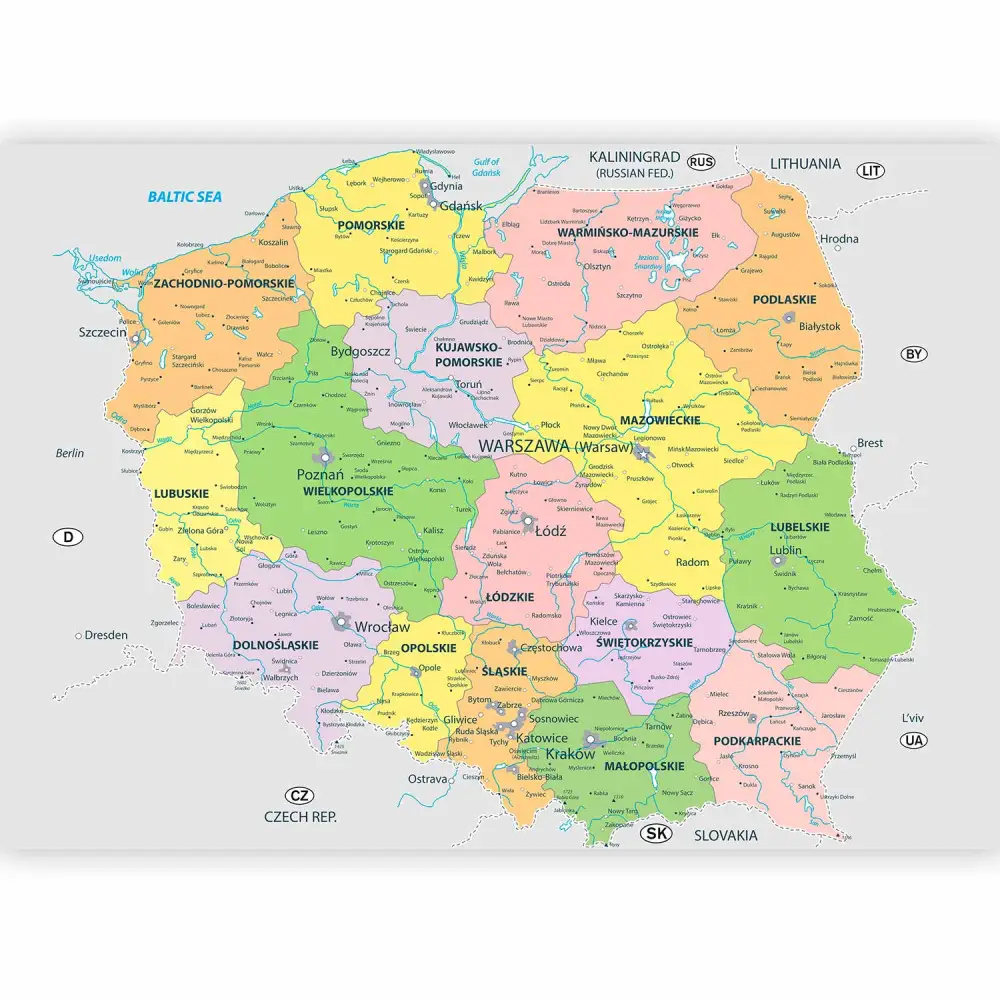 Photo Wallpaper Map of Poland - geographical grid with division of the ...
