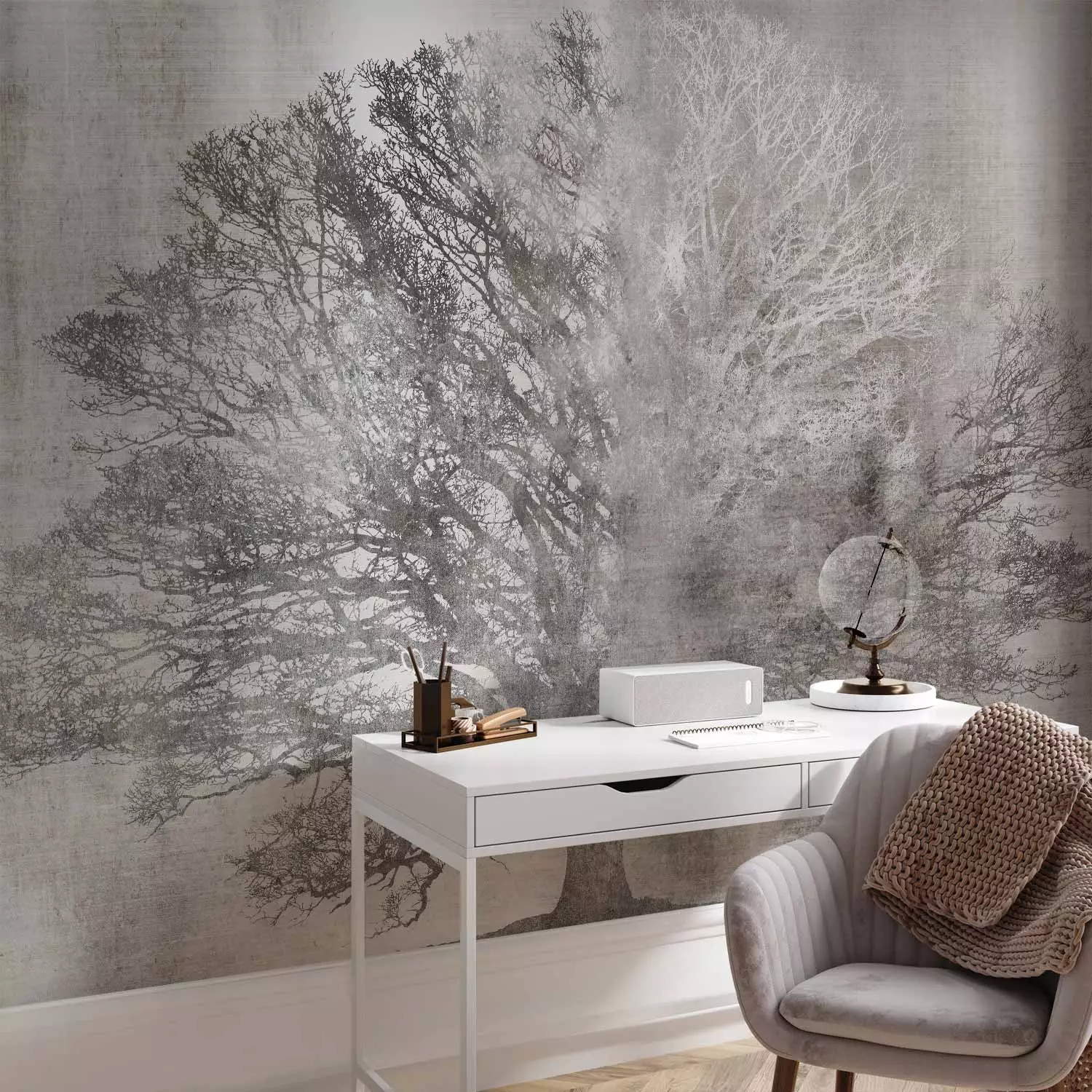 Photo Wallpaper Silver Oak Spreading Tree Without Leaves in Shades of Gray bimago