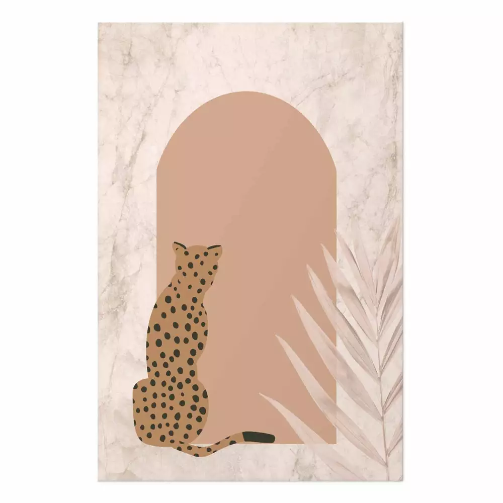 Poster Crouching Cheetah - Predator With a Leaf of an Exotic Plant - bimago
