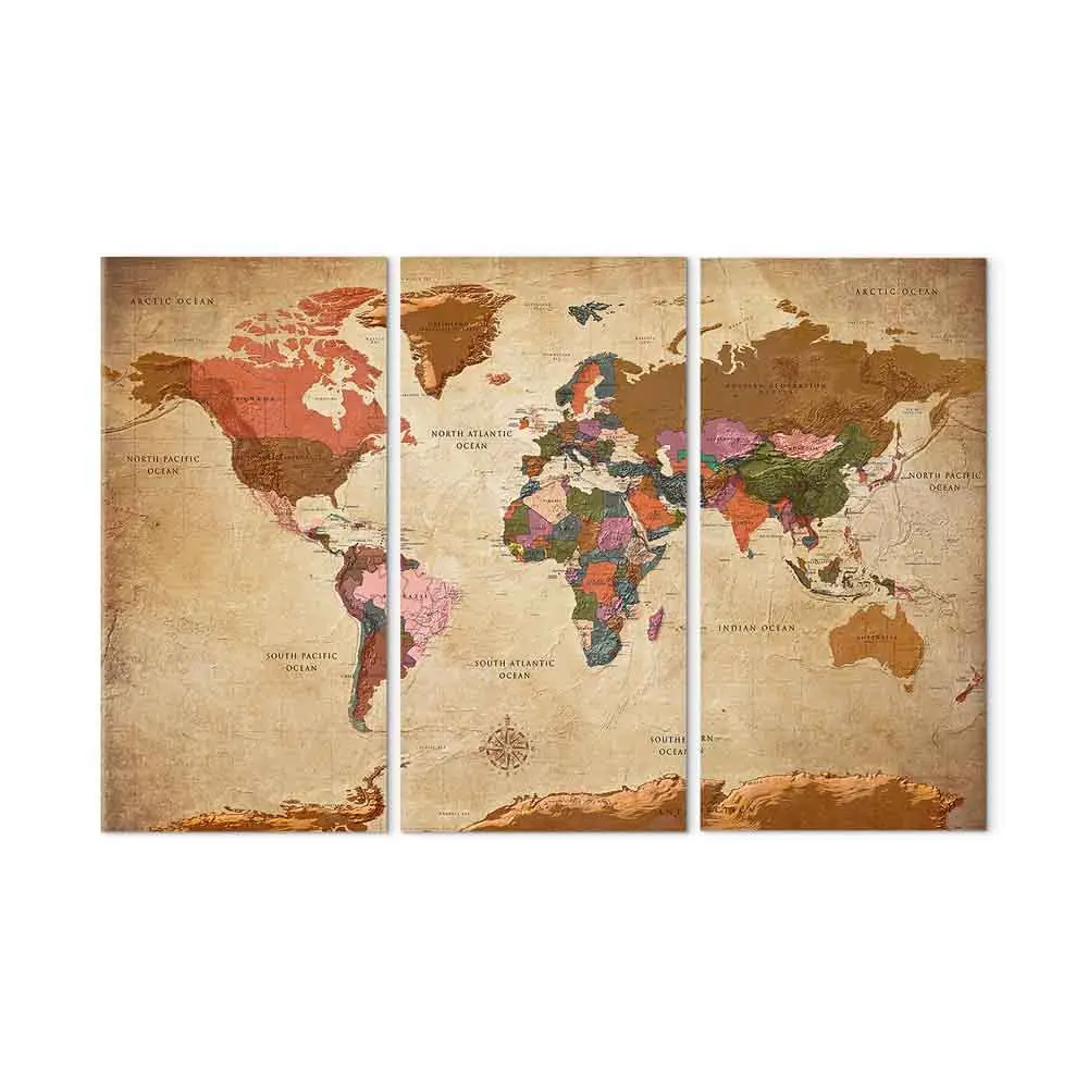 Canvas Painting Brown Elegance (3-piece) - world map and text in ...