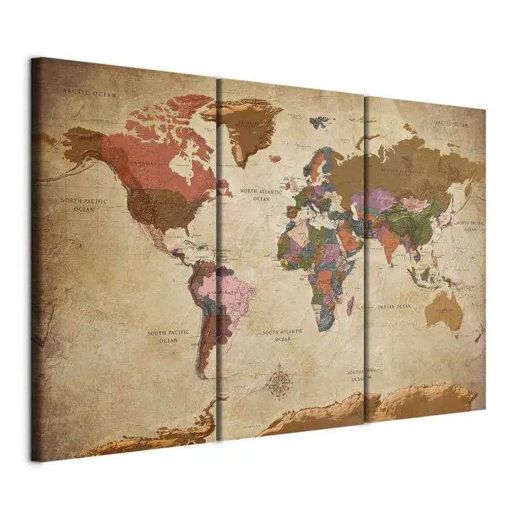 Canvas Painting Brown Elegance (3-piece) - world map and text in ...
