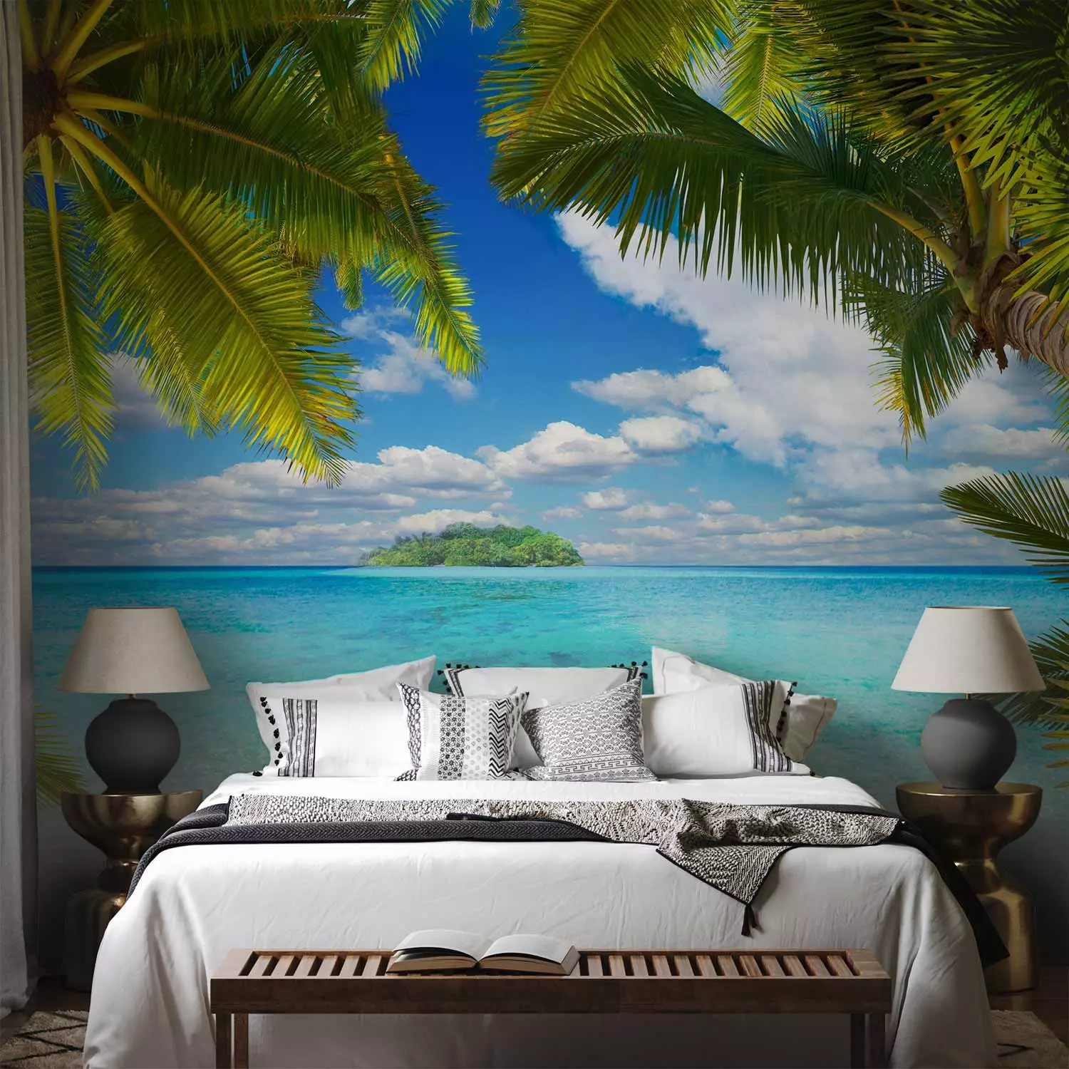 tropical paradise wallpaper in teal