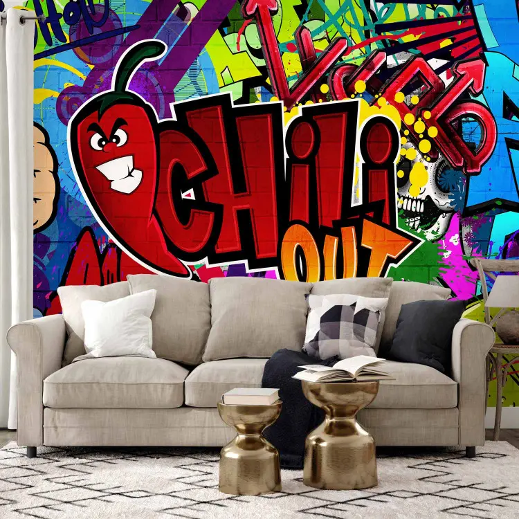 Wall Mural Chili Graffiti - Fiery Pepper on Urban Mural Background - bimago