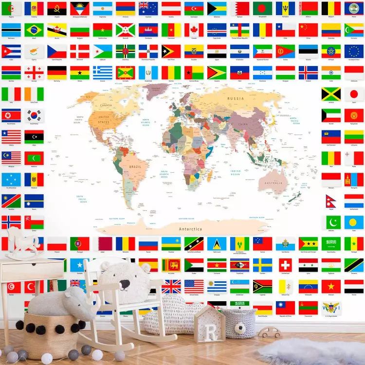 Wall Mural Geography lesson - world map with country flags in English ...