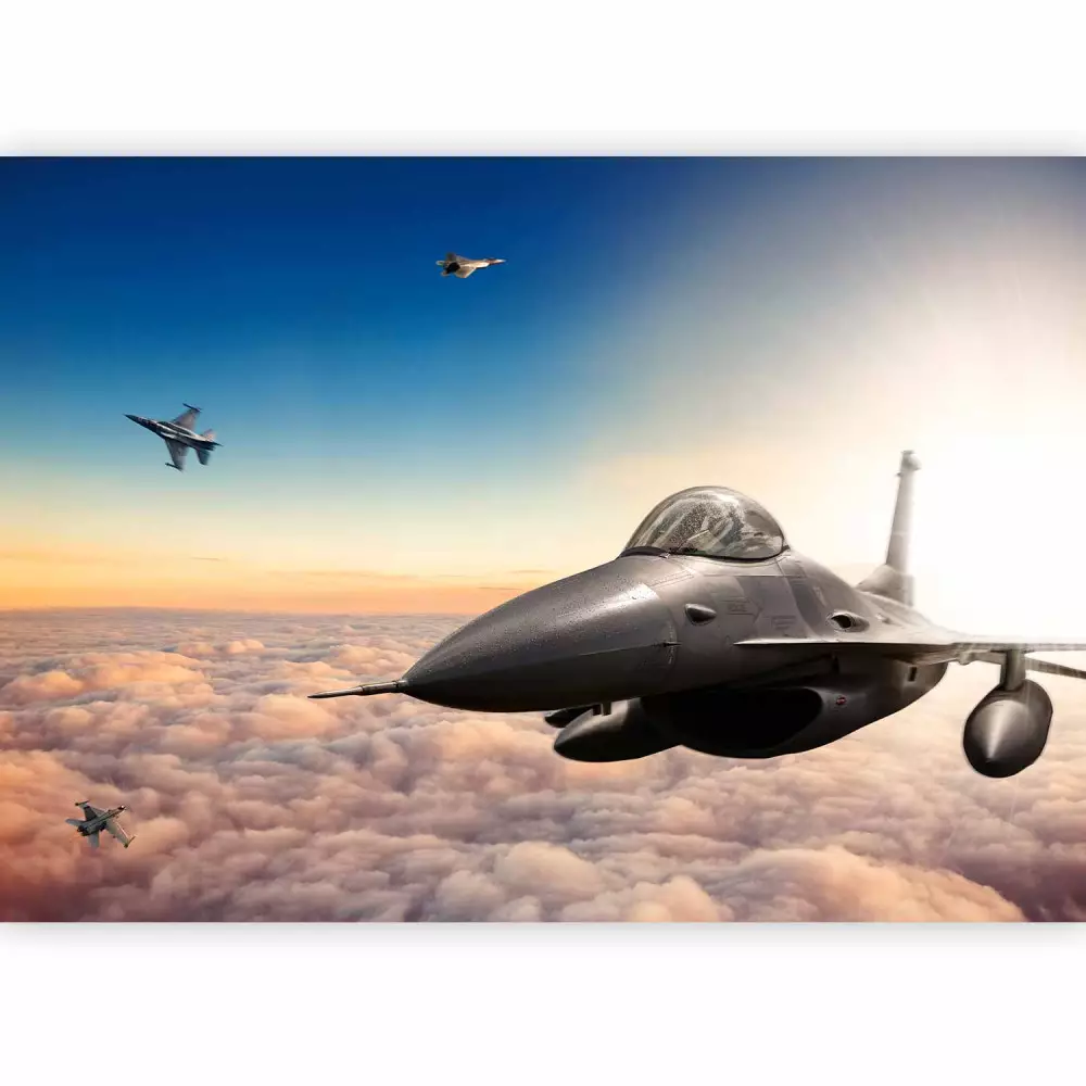 Wall Mural F16 fighter jet - landscape with aircraft against a blue sky ...
