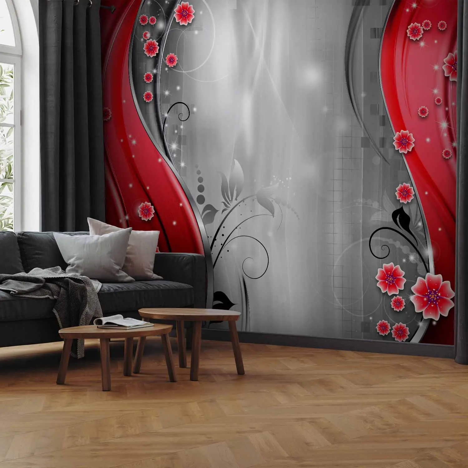 Wall Mural Behind the red curtain - modern background with red flowers ...